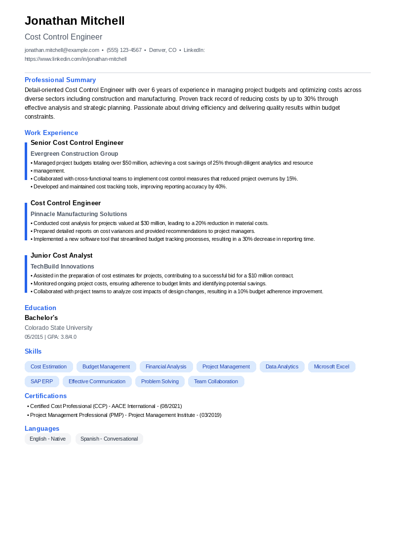 Cost Control Engineer Resume Examples 2026 - Samples, Resume Sections ...